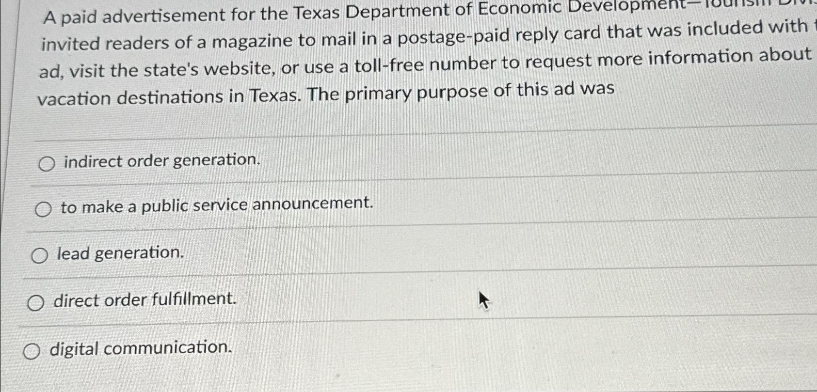 Solved A paid advertisement for the Texas Department of | Chegg.com