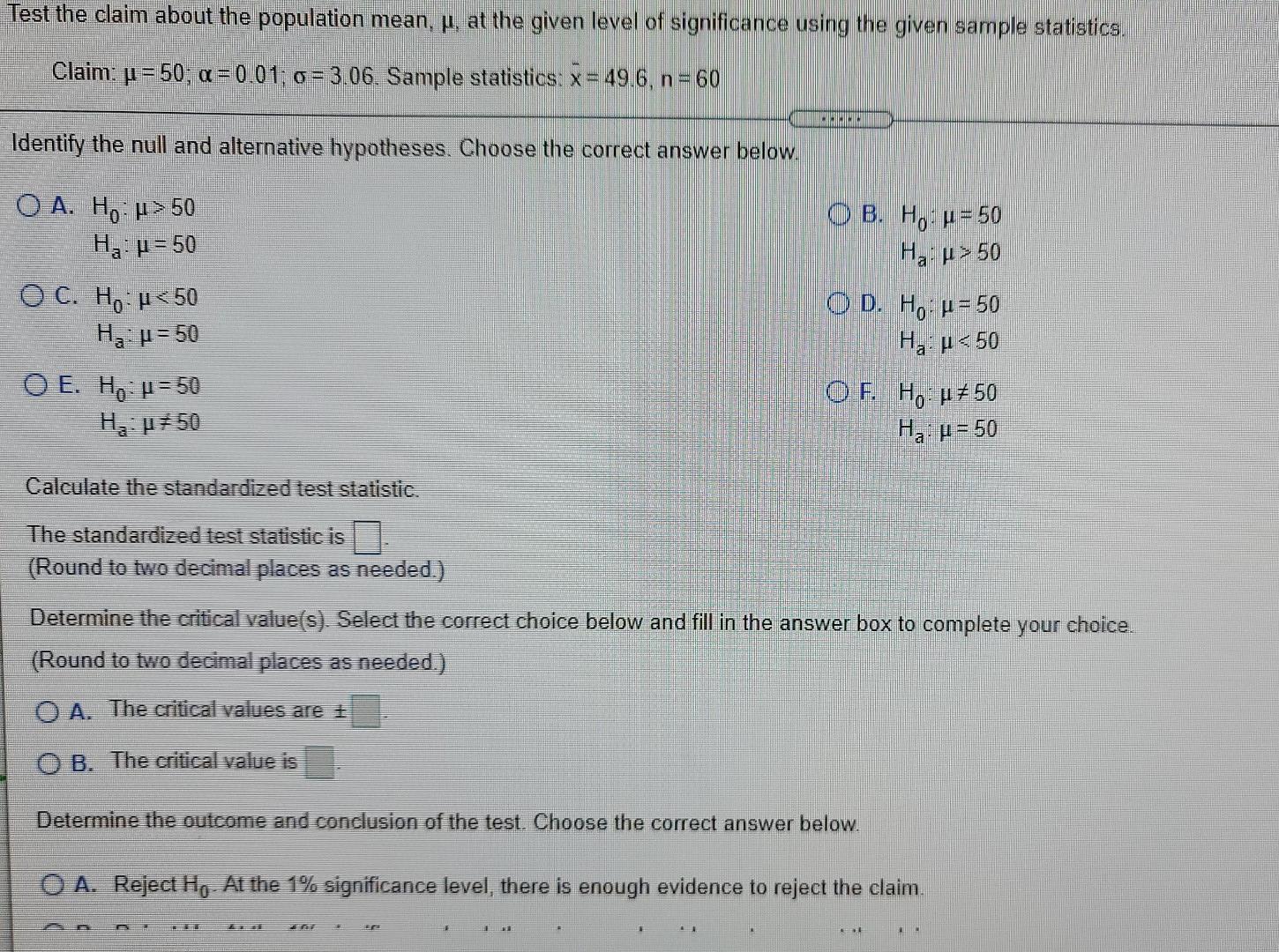 Solved Test the claim about the population mean, p, at the | Chegg.com