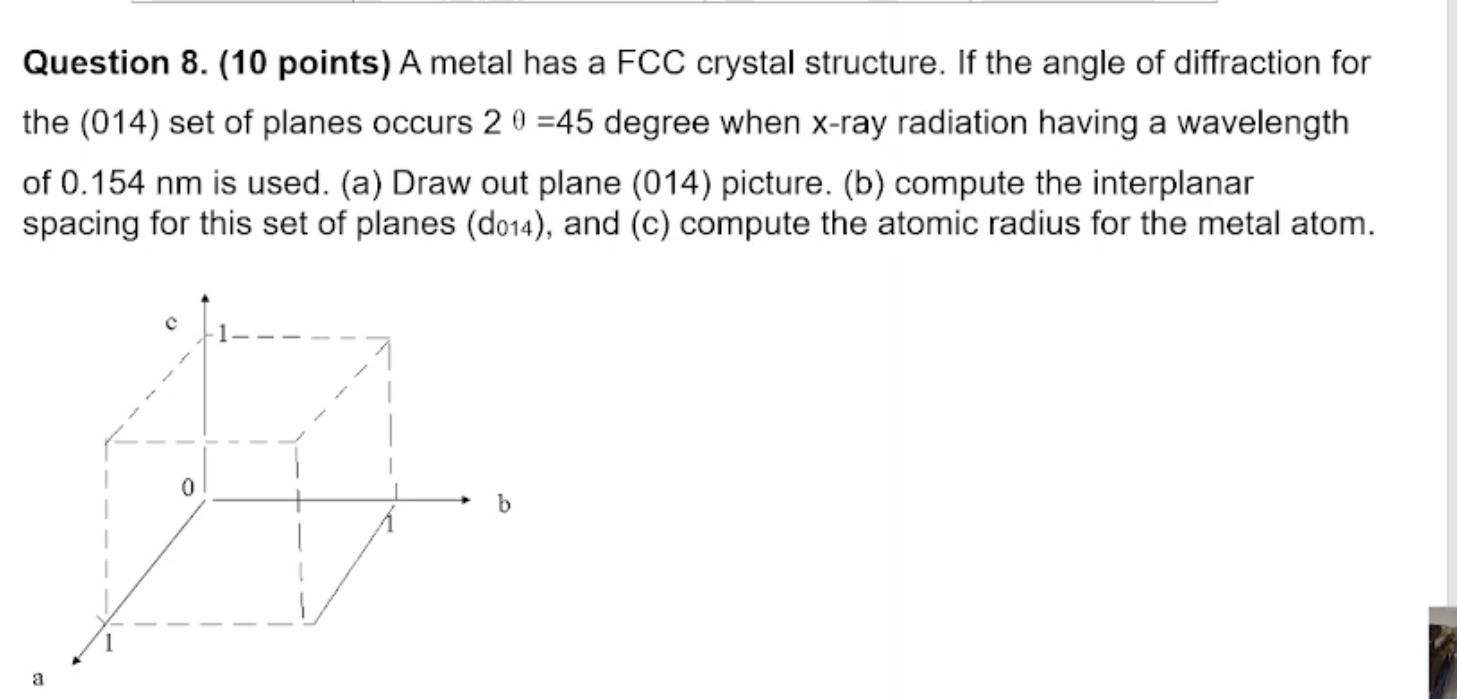 Solved Question 8. (10 ﻿points) ﻿A metal has a FCC crystal | Chegg.com