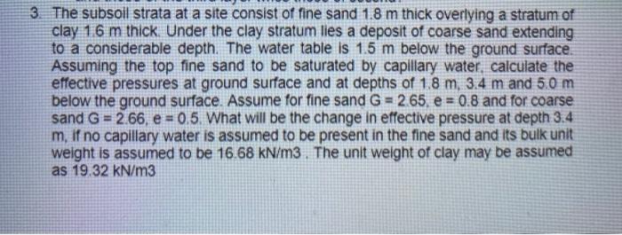 Solved 3. The subsoil strata at a site consist of fine sand | Chegg.com