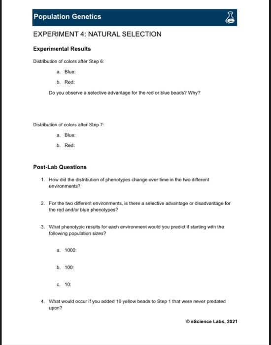 Solved Natural Selection EXPERIMENT 4: NATURAL. SELECTION | Chegg.com