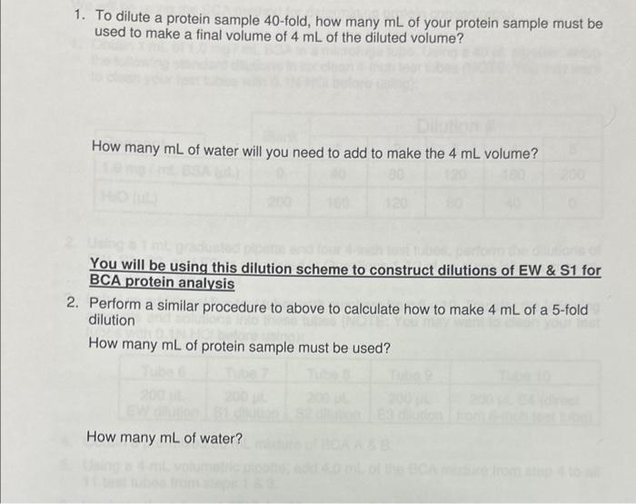 Solved 1. To dilute a protein sample 40 -fold, how many mL | Chegg.com