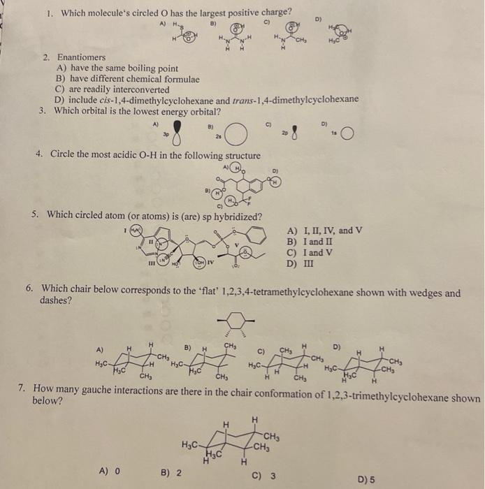 Solved 1. Which molecule's circled O has the largest | Chegg.com