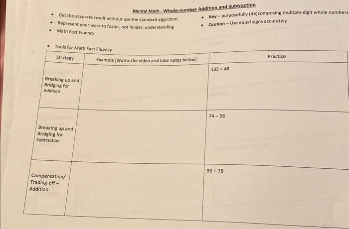 Solved Mental Math - Whole-number Addition and Subtraction - | Chegg.com