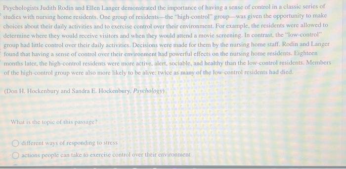 Solved Psychologists Judith Rodin and Ellen Langer | Chegg.com