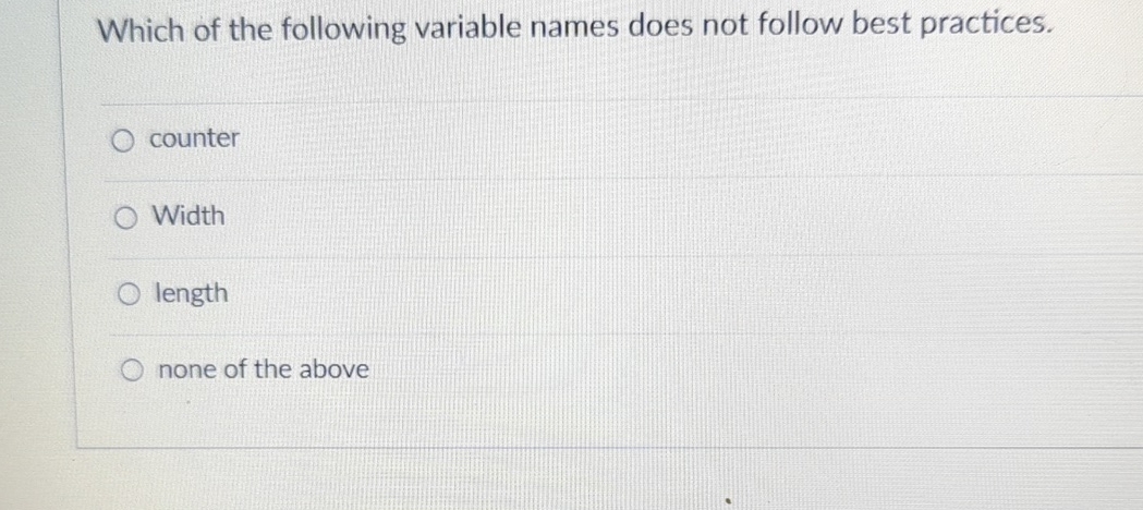 Solved Which of the following variable names does not follow | Chegg.com