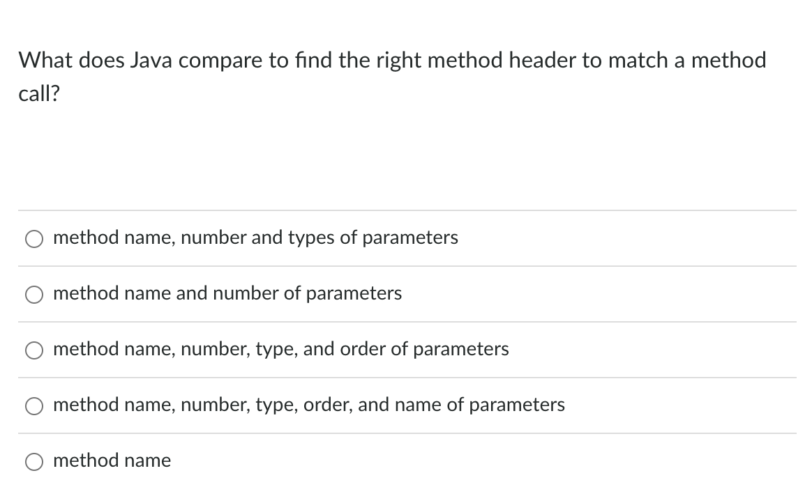 Solved What does Java compare to find the right method | Chegg.com
