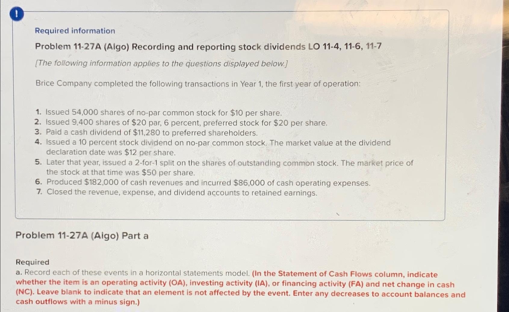 Solved (Required informationProblem 11-27A (Algo) ﻿Recording | Chegg.com