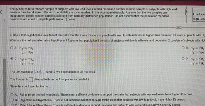 Solved The IQ scores for a random sample of subjects with | Chegg.com