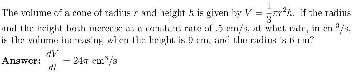Solved The volume of a cone of radius r ﻿and height h ﻿is | Chegg.com
