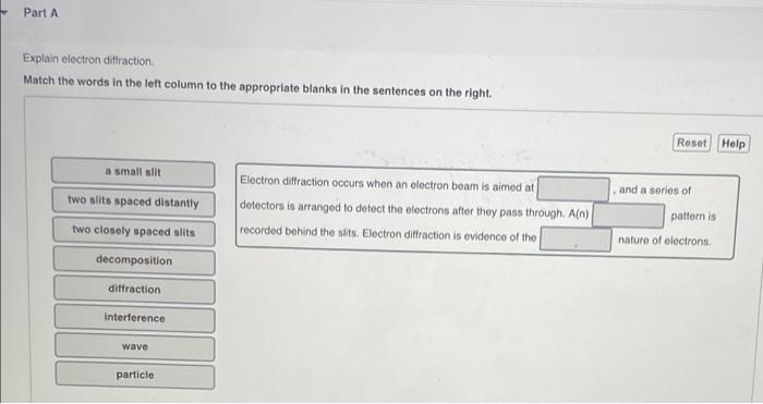 Solved Part A Explain electron diffraction. Match the words | Chegg.com