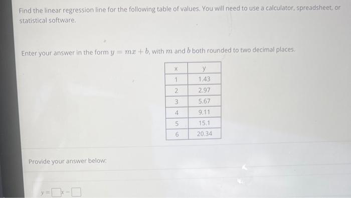 Solved Find the linear regression line for the following | Chegg.com