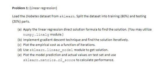 Solved Problem 1: (Linear regression) Load the Diabetes | Chegg.com