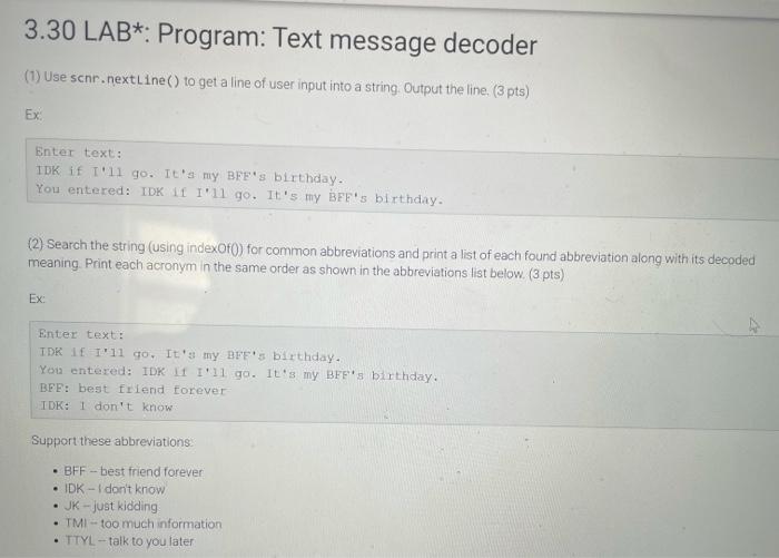 Solved 3.30 LAB*: Program: Text message decoder (1) Use | Chegg.com