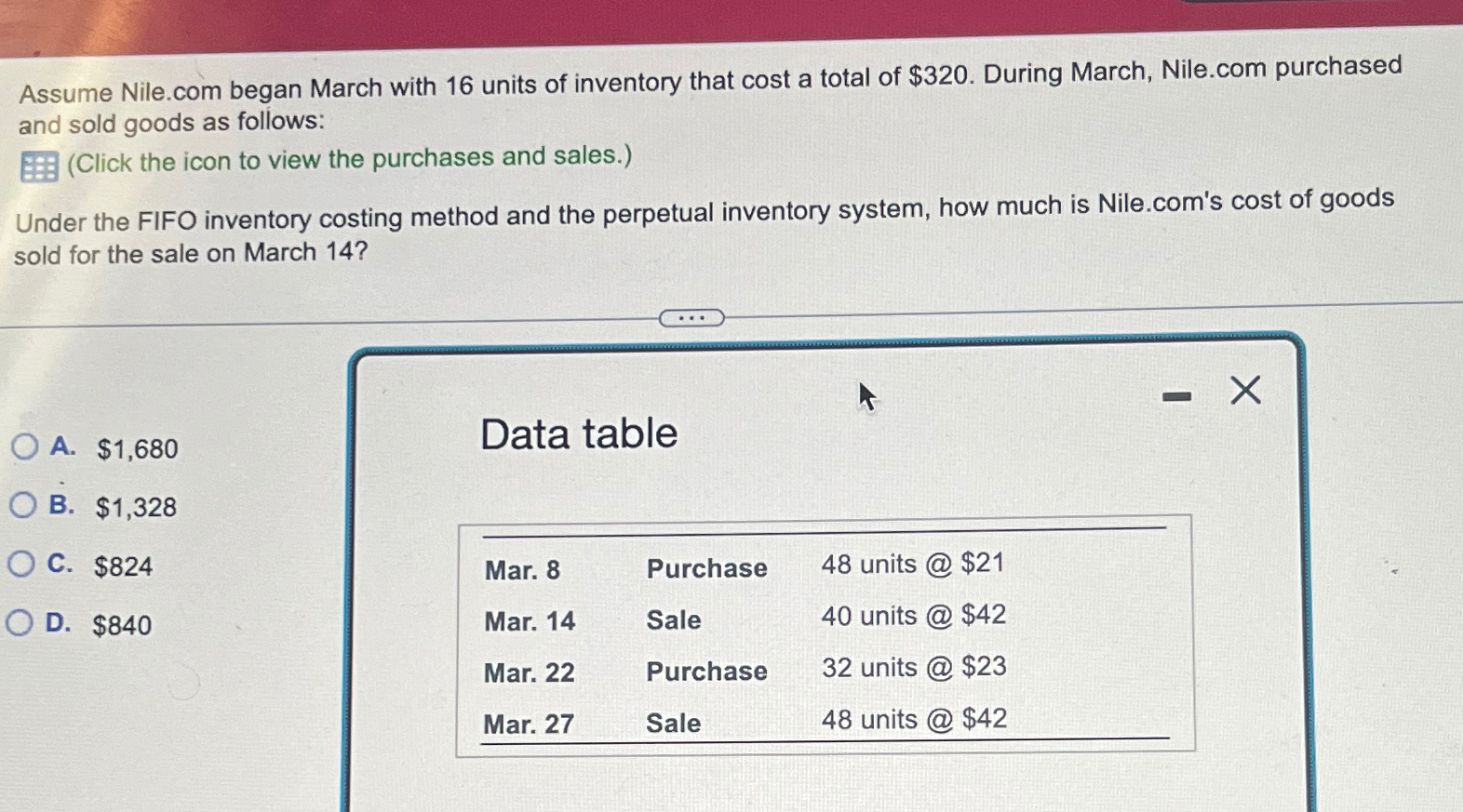 Solved Assume Nile.com began March with 16 ﻿units of | Chegg.com