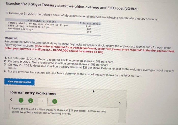 Solved Exercise 18-13 (Algo) Treasury stock; | Chegg.com