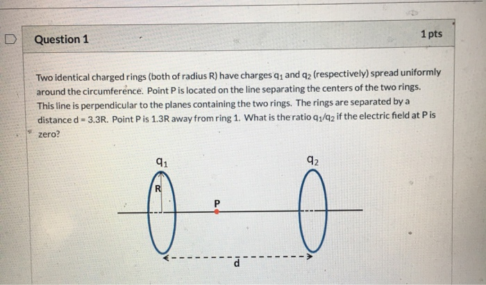 Solved 1 pts D Question 1 Two identical charged rings (both | Chegg.com