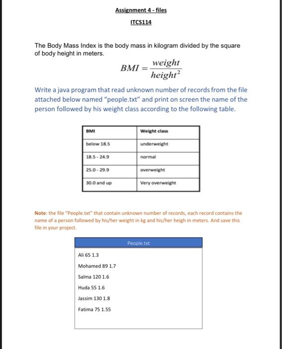 Solved Assignment 4 - files ITCS114 The Body Mass Index is | Chegg.com