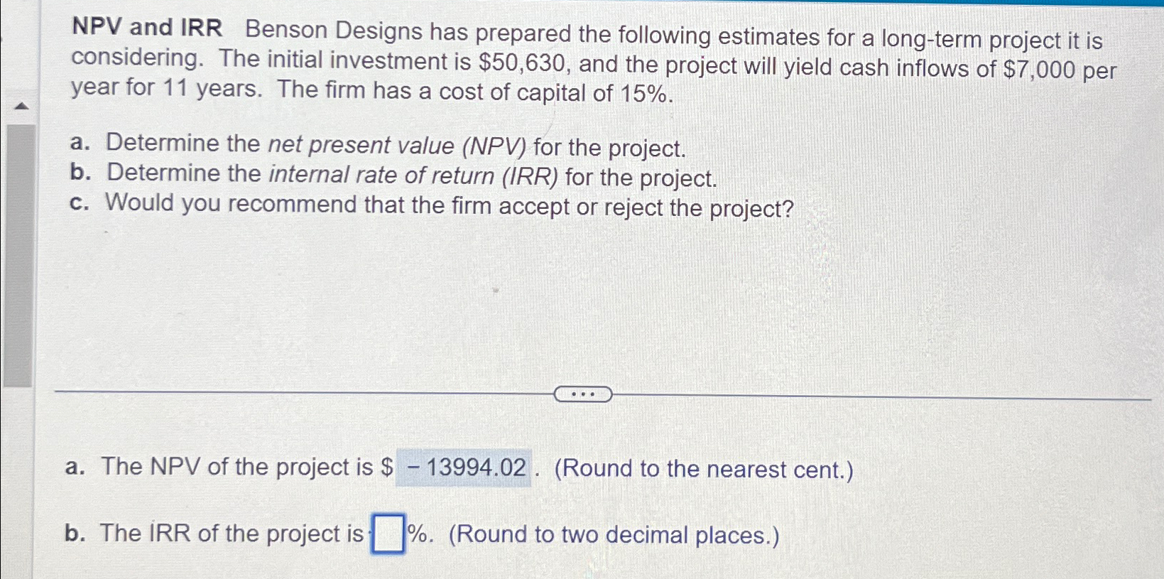 Solved NPV and IRR Benson Designs has prepared the following | Chegg.com