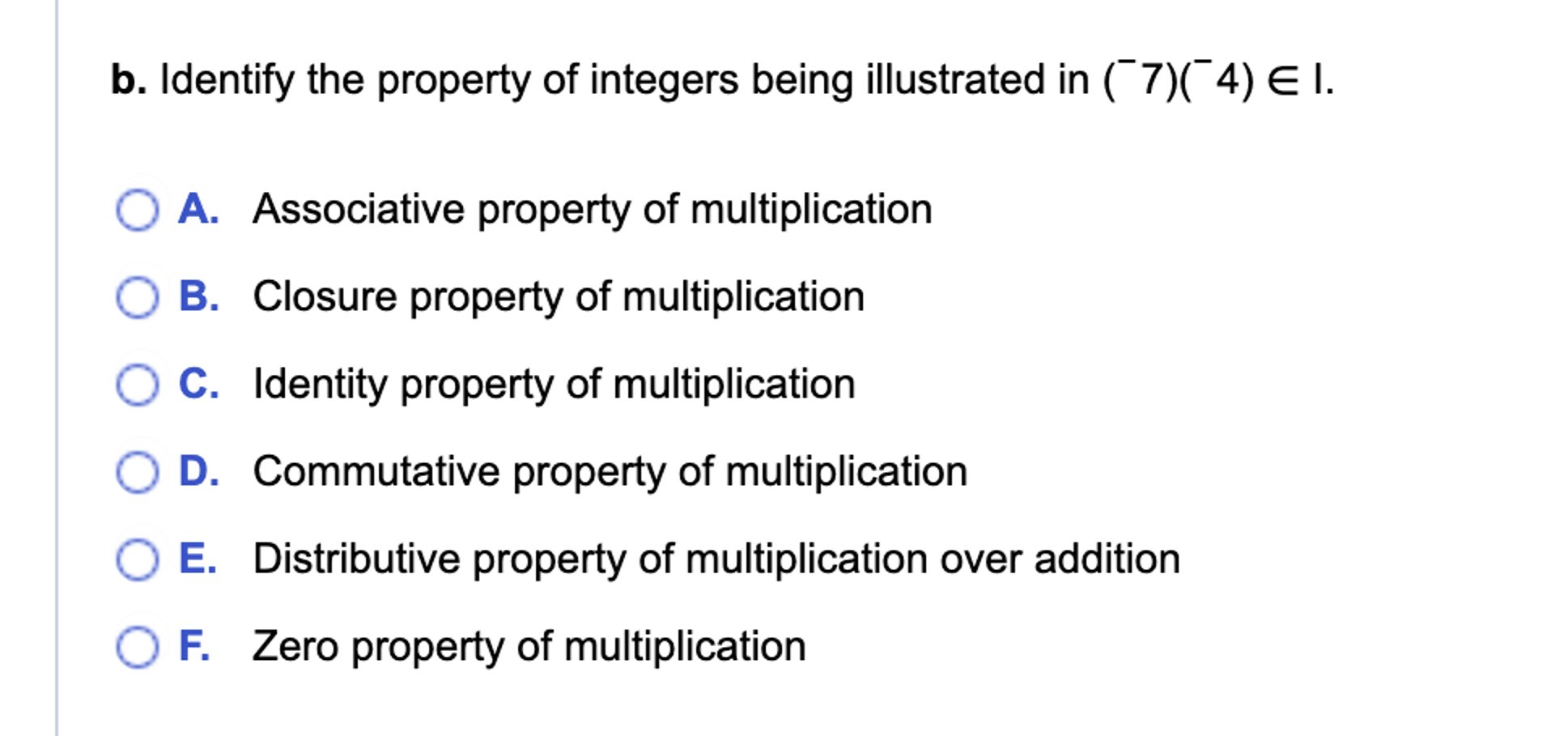 Solved b. ﻿Identify the property of integers being | Chegg.com