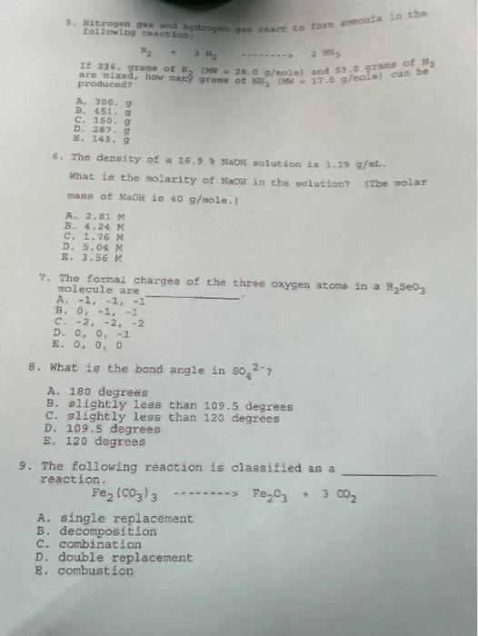 Solved 5. Nitrogena and hydrogen react to forma in be | Chegg.com