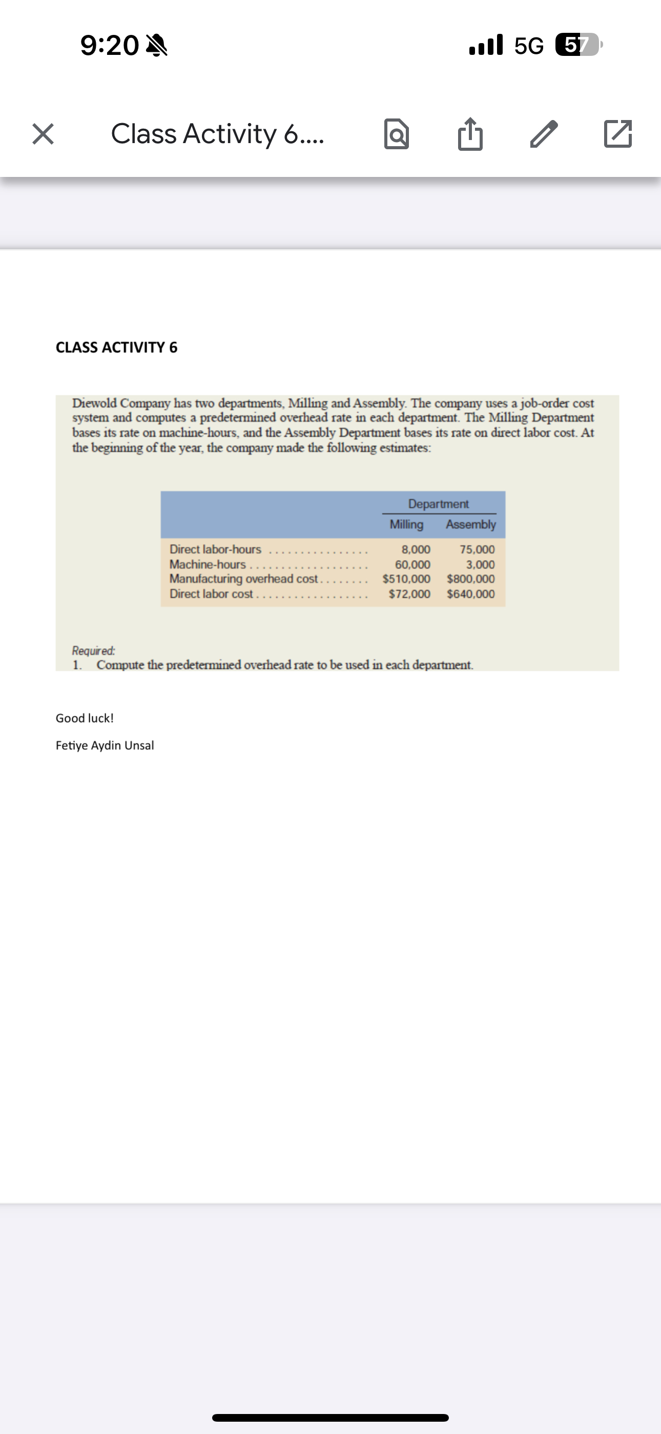 Solved CLASS ACTIVITY 6Diewold Company has two departments, | Chegg.com