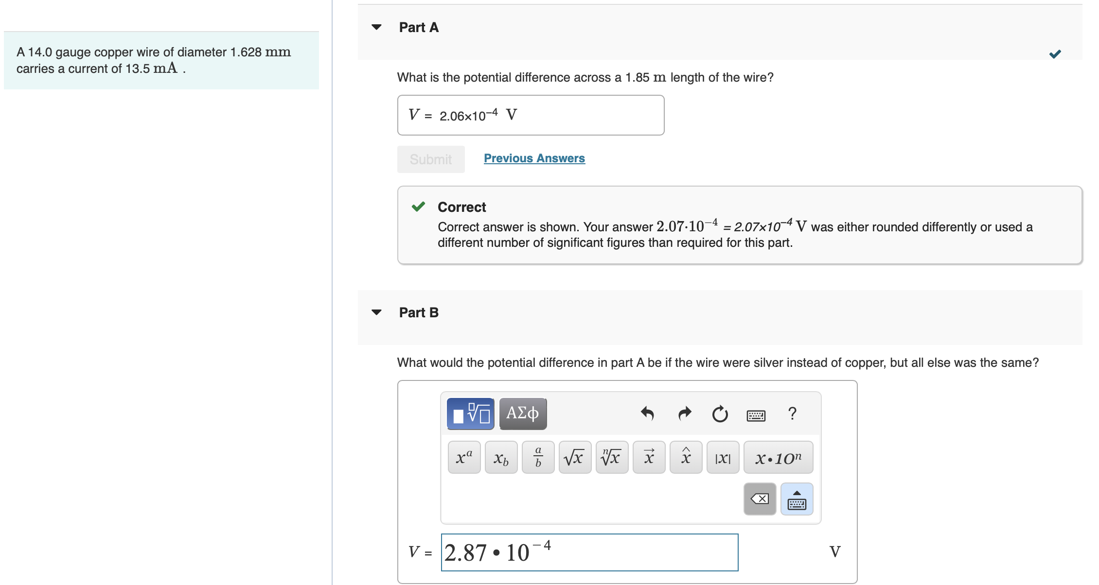 Solved Part AA 14.0 ﻿gauge copper wire of diameter | Chegg.com