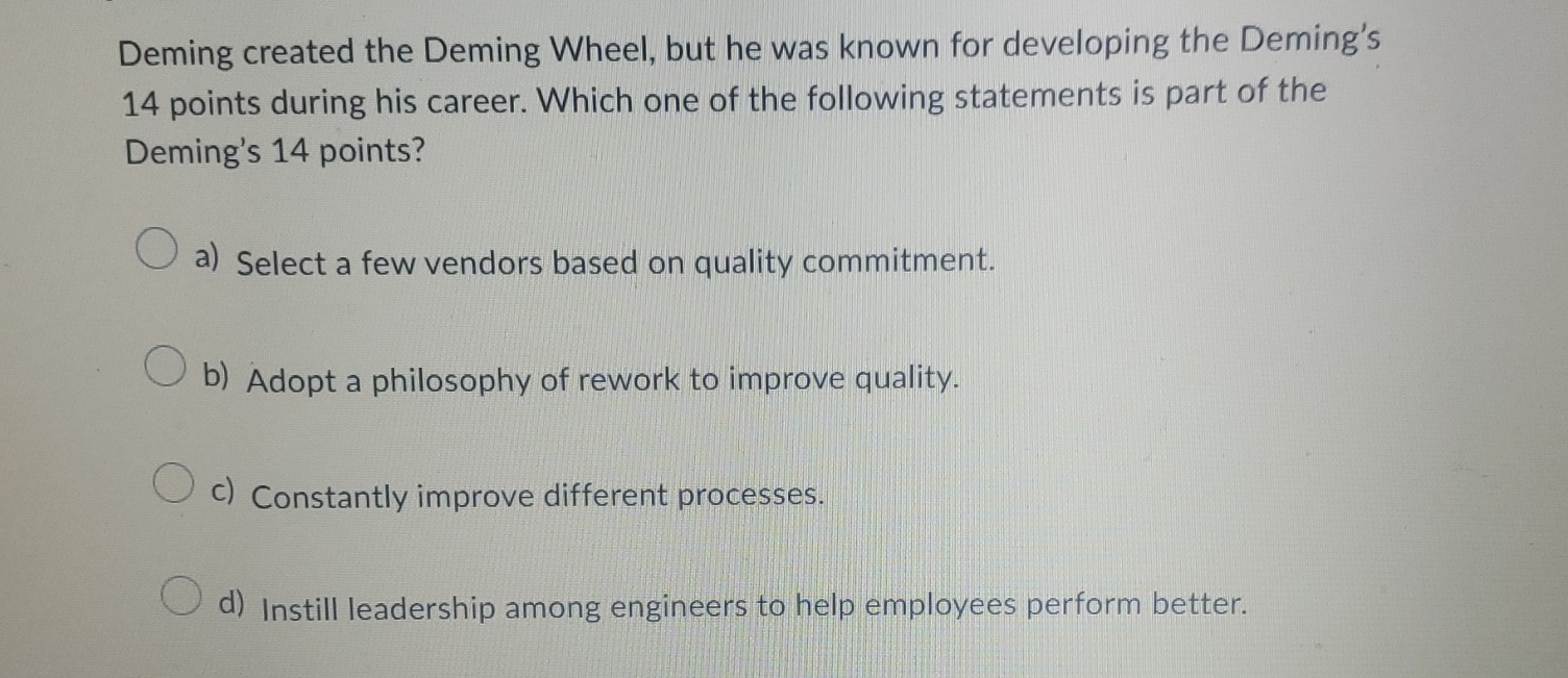 Solved Deming created the Deming Wheel, but he was known for | Chegg.com