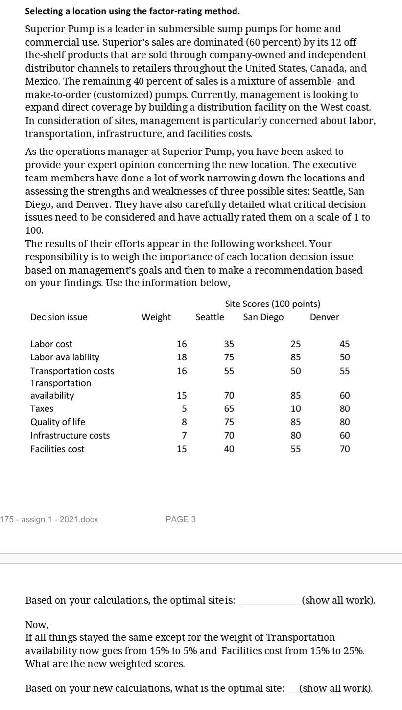 Solved Selecting a location using the factor-rating method. | Chegg.com