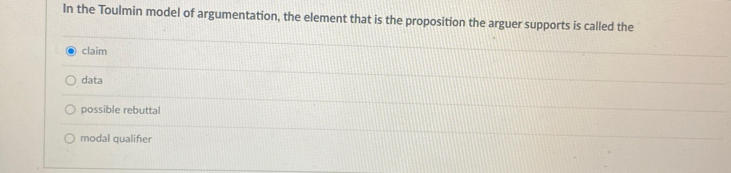 Solved In the Toulmin model of argumentation, the element | Chegg.com