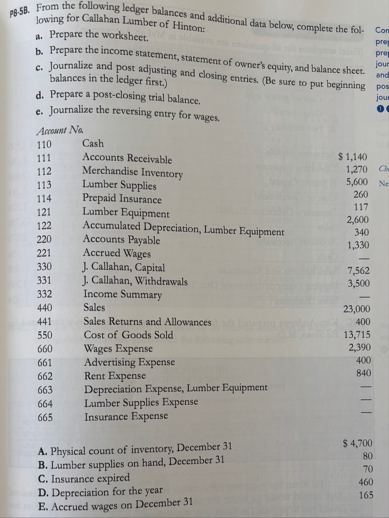 Solved p8.5B. ﻿From the following ledger balances and | Chegg.com