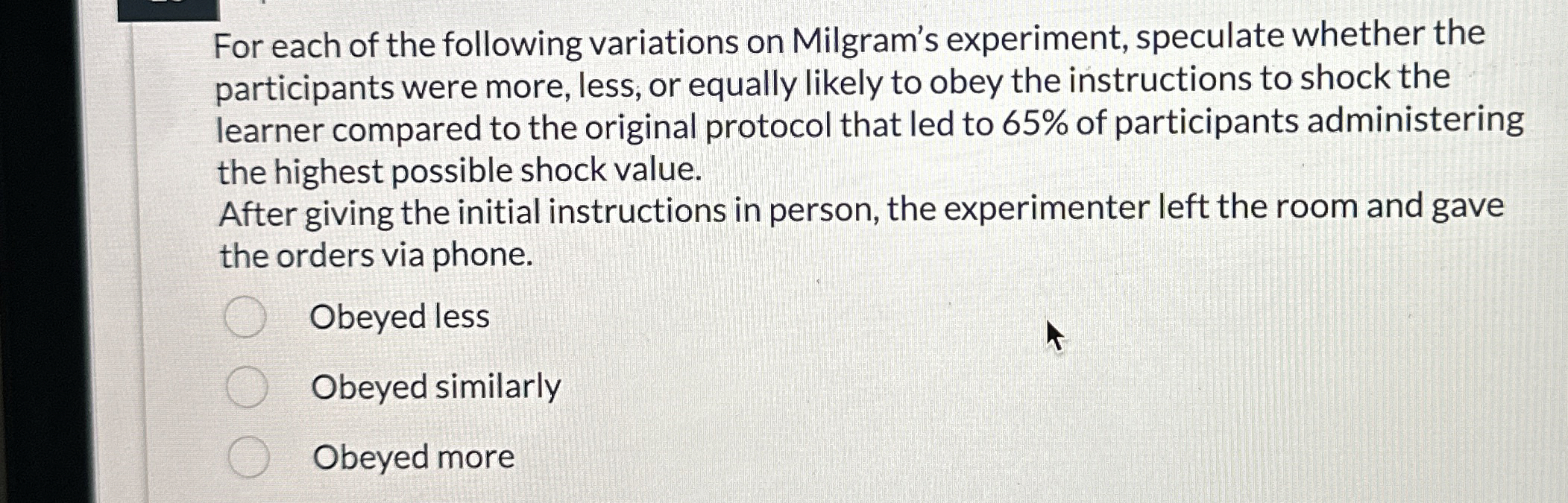 Solved For each of the following variations on Milgram's | Chegg.com
