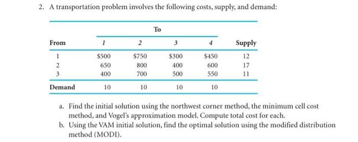 Solved 2. A transportation problem involves the following | Chegg.com