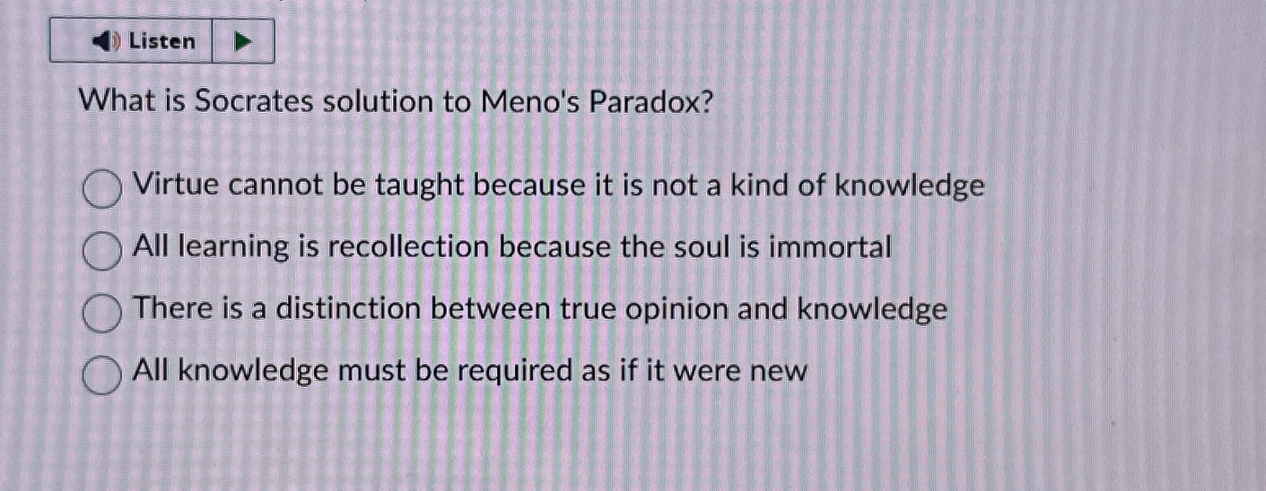 Solved ListenWhat is Socrates solution to Meno's | Chegg.com