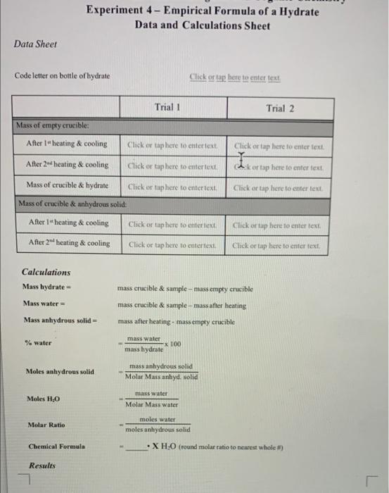 Experiment 4 - Empirical Formula of a Hydrate Data | Chegg.com