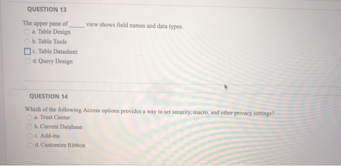 Solved QUESTION 13 view shows field names and data types. | Chegg.com