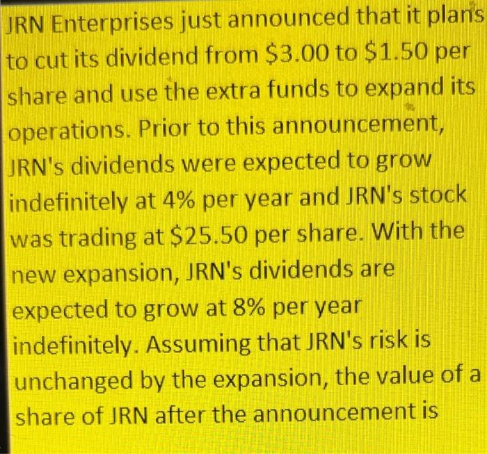Solved JRN Enterprise Dividend $3-$1.50Grow 4% indefinitely | Chegg.com