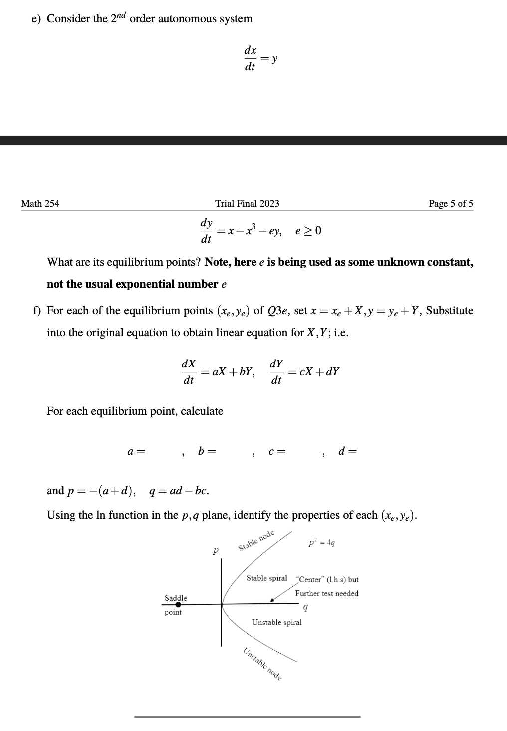 Solved e) ﻿Consider the 2nd ﻿order autonomous | Chegg.com