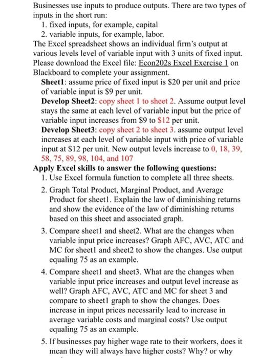 Solved Econ 202s Excel Exercise 1 Production Function and | Chegg.com