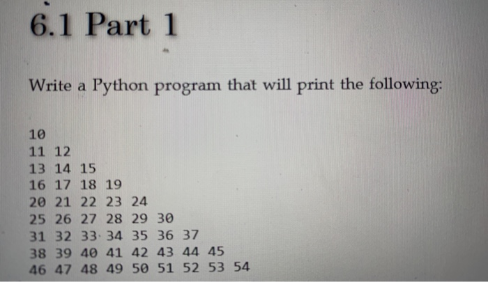 Solved 6.1 Part 1 Write a Python program that will print the | Chegg.com