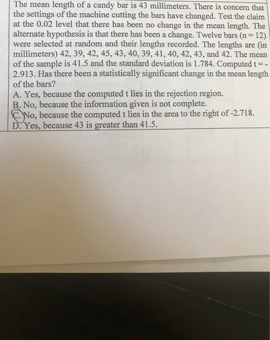 Solved The mean length of a candy bar is 43 millimeters. | Chegg.com