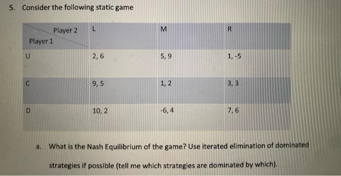 Solved 5. Consider the following static game L M R Player 2 | Chegg.com