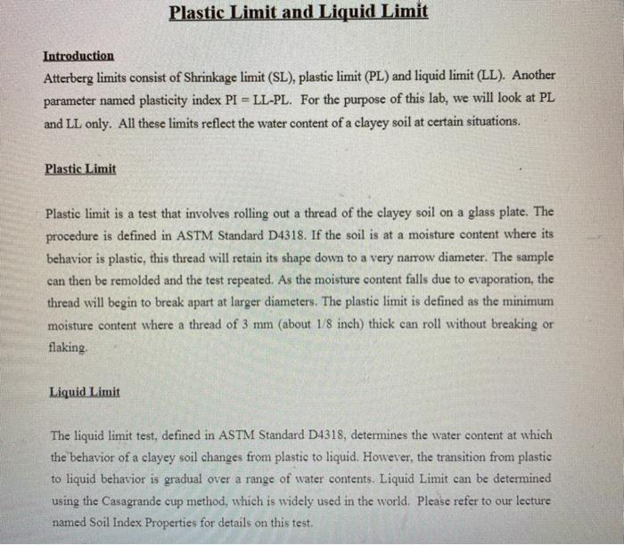 Solved Plastic Limit and Liquid Limit Introduction Atterberg | Chegg.com
