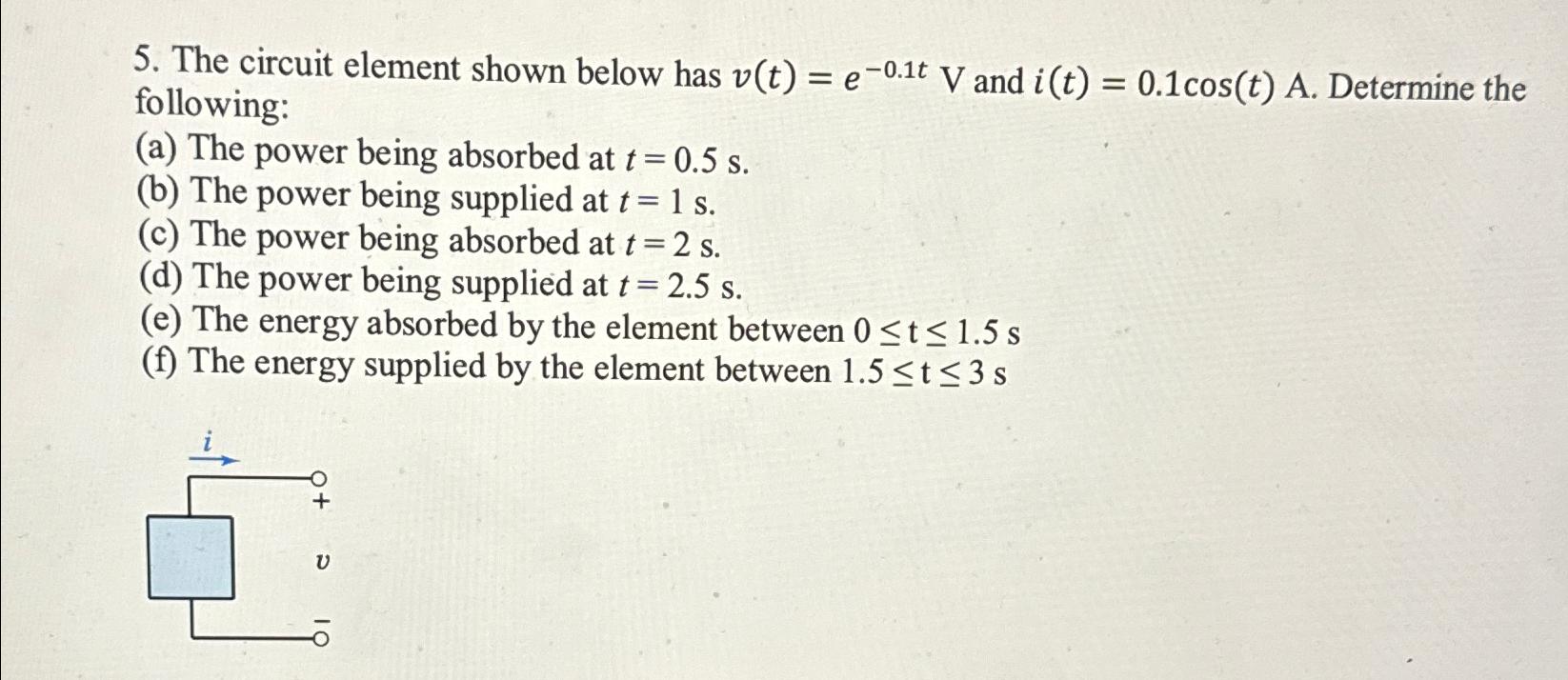 Solved The circuit element shown below has v(t)=e-0.1tV ﻿and | Chegg.com