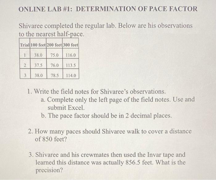 Solved ONLINE LAB #1: DETERMINATION OF PACE FACTOR Shivaree | Chegg.com