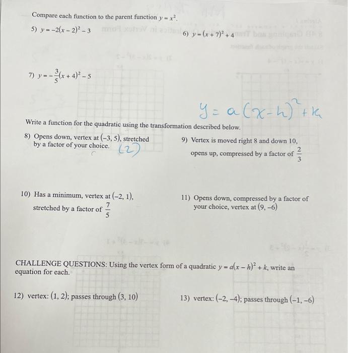 Solved Compare each function to the parent function y=x2. 5) | Chegg.com
