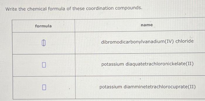 Solved Write the chemical formula of these coordination | Chegg.com