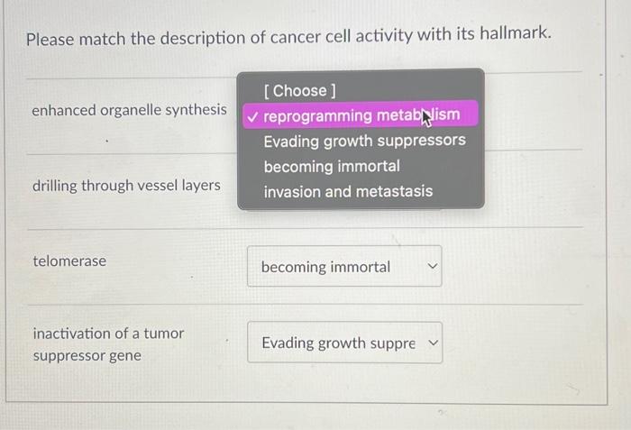 Solved Please match the description of cancer cell activity | Chegg.com