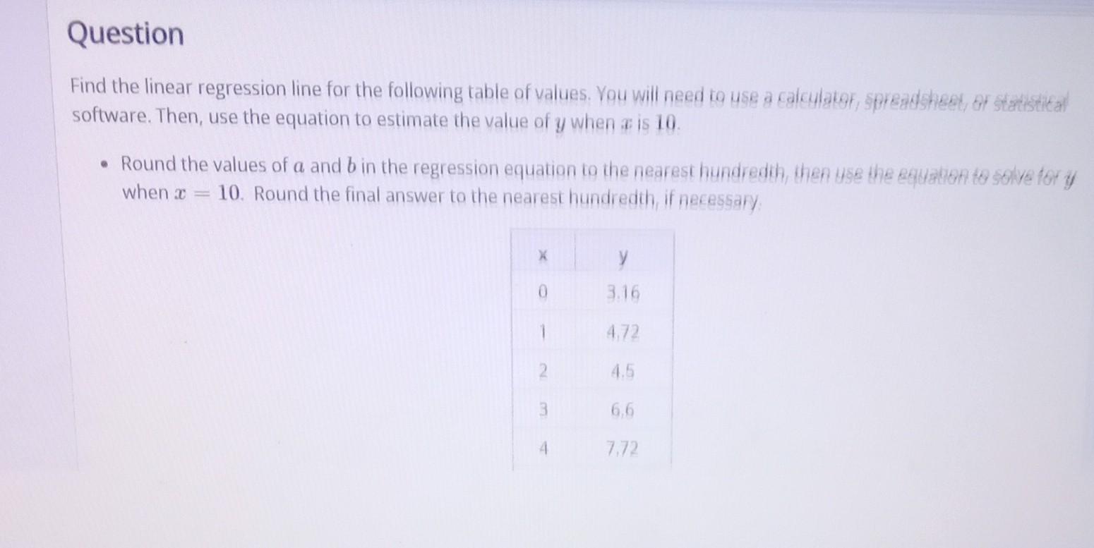 Solved Find the linear regression line for the following | Chegg.com