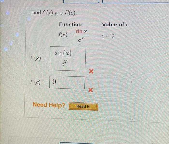 Solved Find f′(x) and f′(c) Function Value of c | Chegg.com